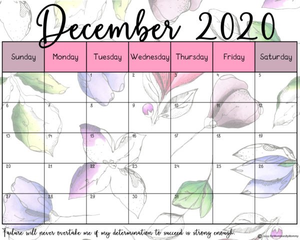Beautiful Floral Free Printable Calendar 2020 - For Mommies
