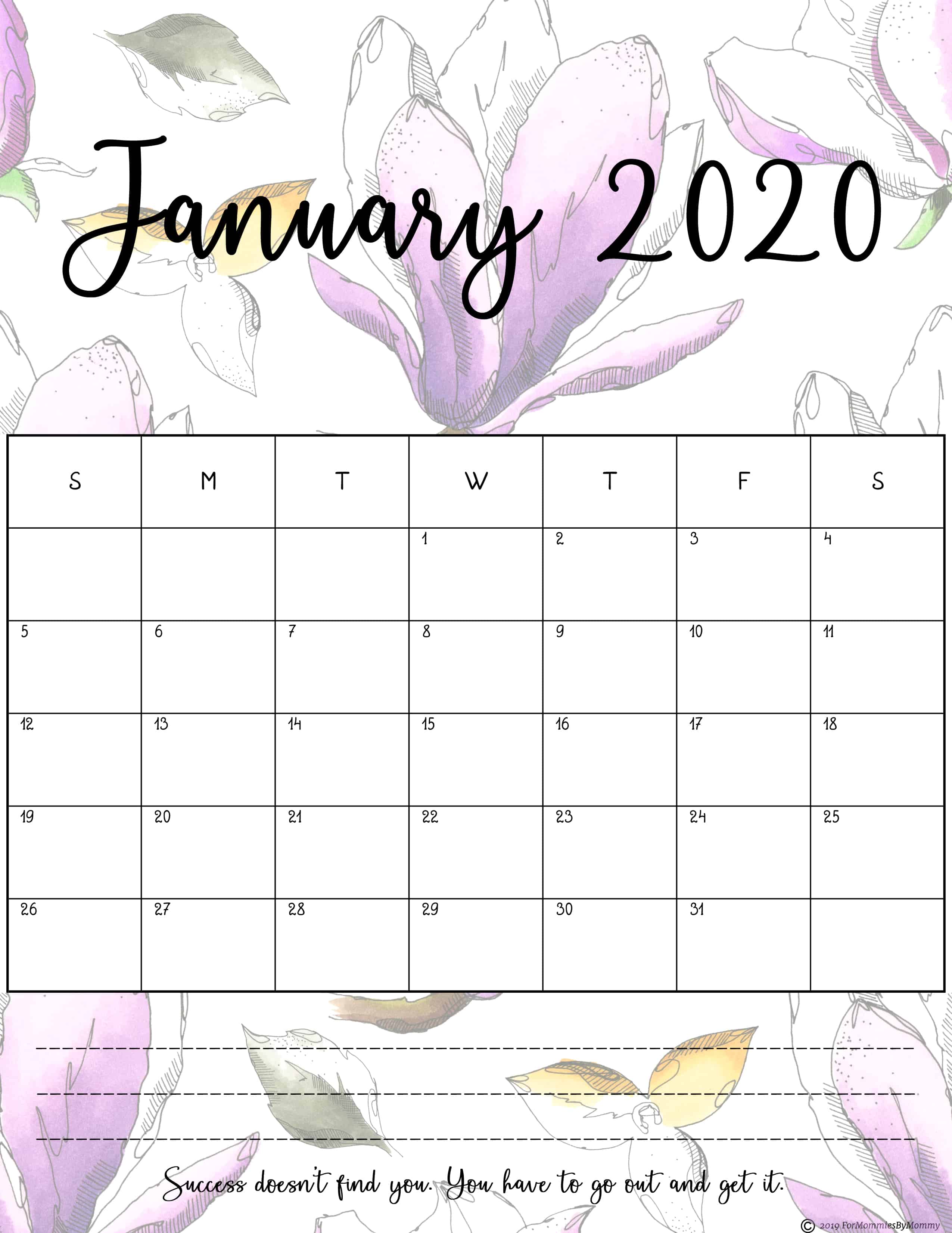 Beautiful Floral Free Printable Calendar 2020 - For Mommies
